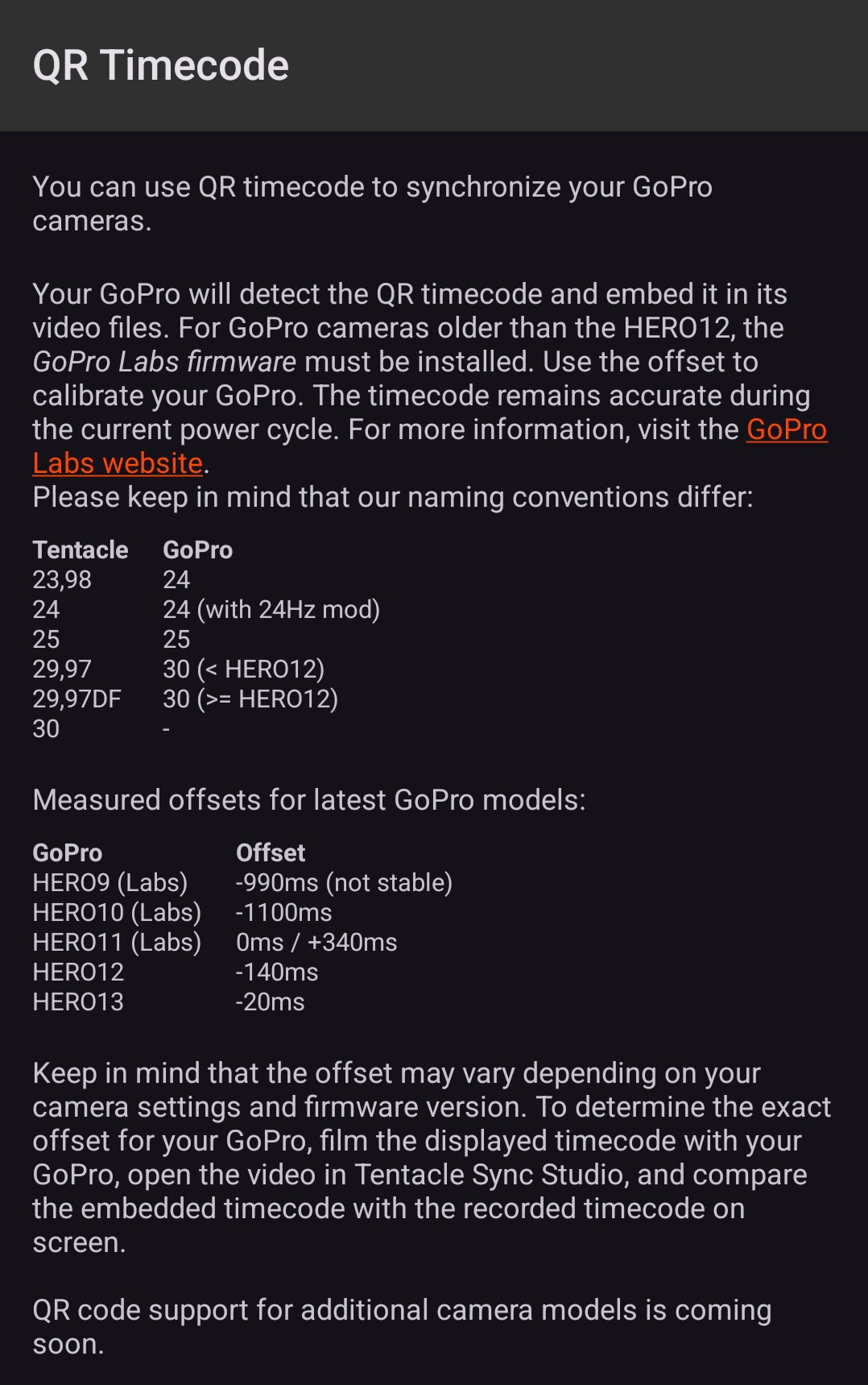 Tentacle Timebar App QR code & GoPro 12 / 13 – Help Desk